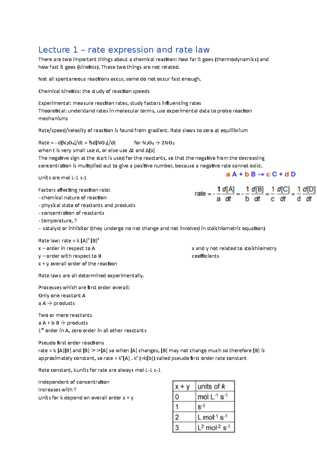 CHEM191 Kinetics lecture notes - Lecture 1 – rate expression and rate ...