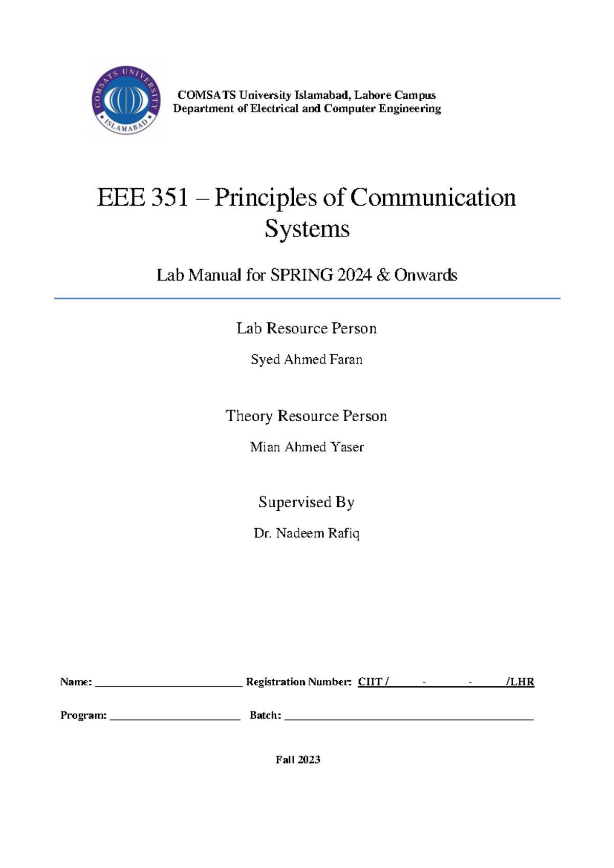 EEE351-PCS Lab Manual SP24 - COMSATS University Islamabad, Lahore ...