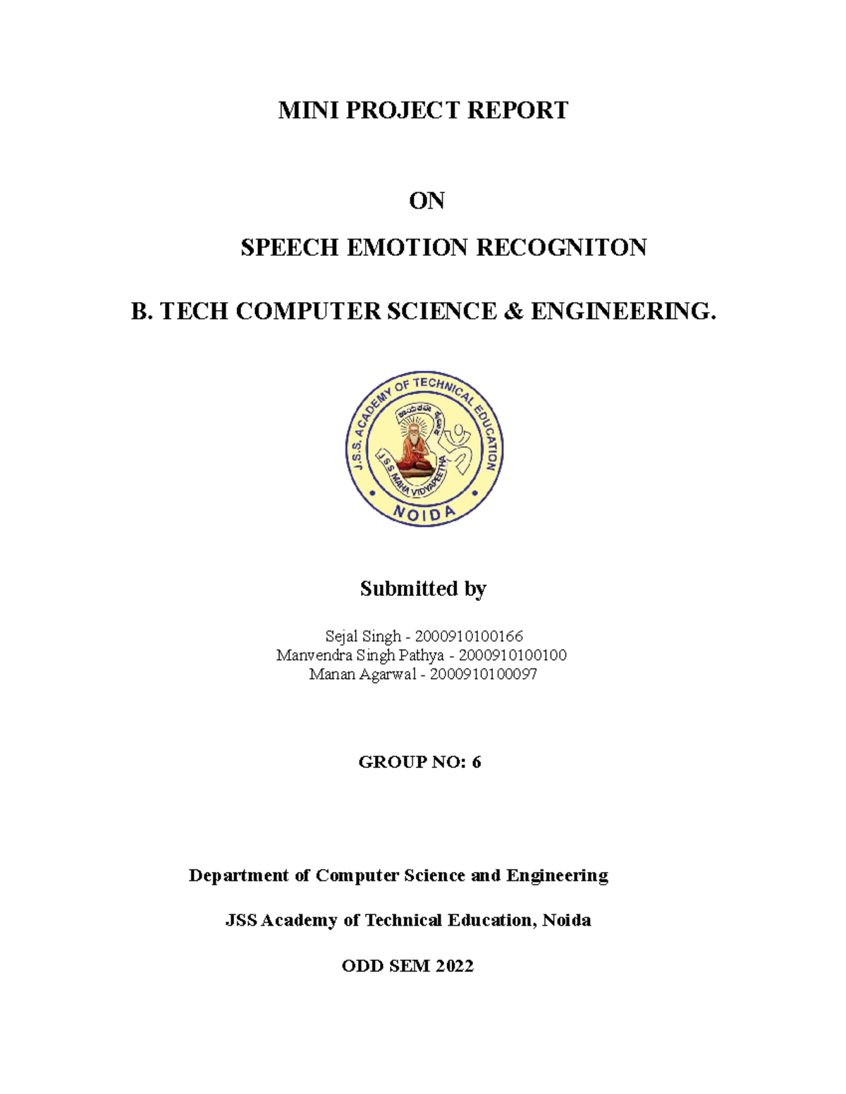 Mini project report - MINI PROJECT REPORT ON SPEECH EMOTION RECOGNITON ...