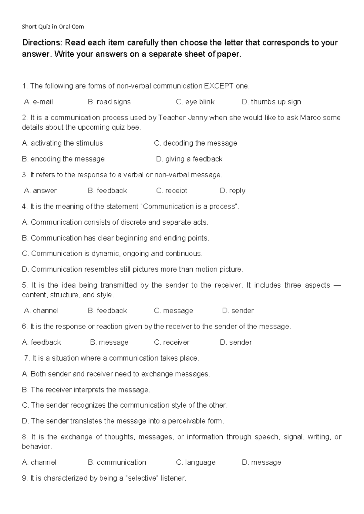 Short Quiz in Oral Com - answer and understand - Short Quiz in Oral Com ...