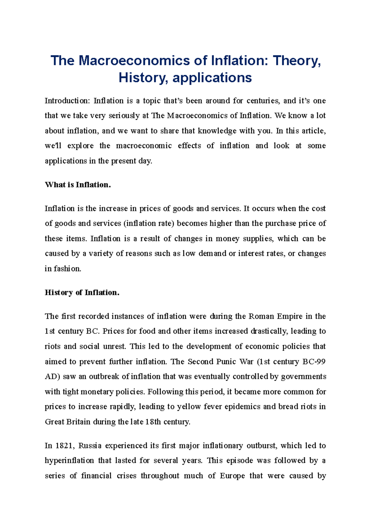 The Macroeconomics of Inflation, Theory, History, applications - The ...