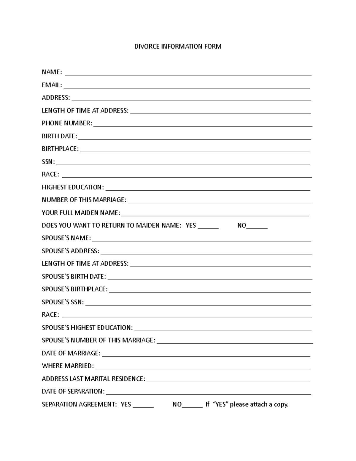 Client intake form - n/a - DIVORCE INFORMATION FORM NAME: - Studocu