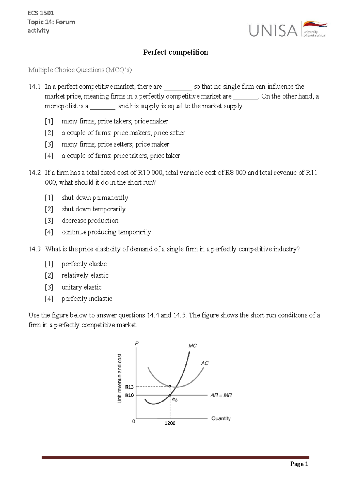 PERFECT COMPETITION ACTIVITY - ECS 1501 Topic 14: Forum activity Page 1 ...