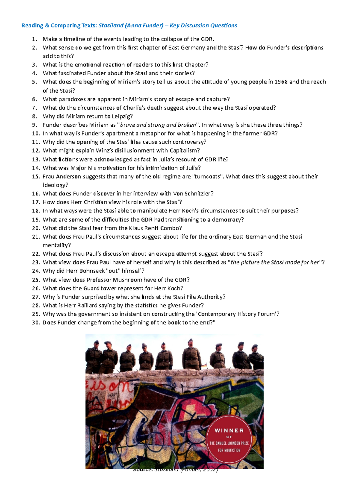 1ii Stasiland - Focus Questions-3 - Reading & Comparing Texts ...