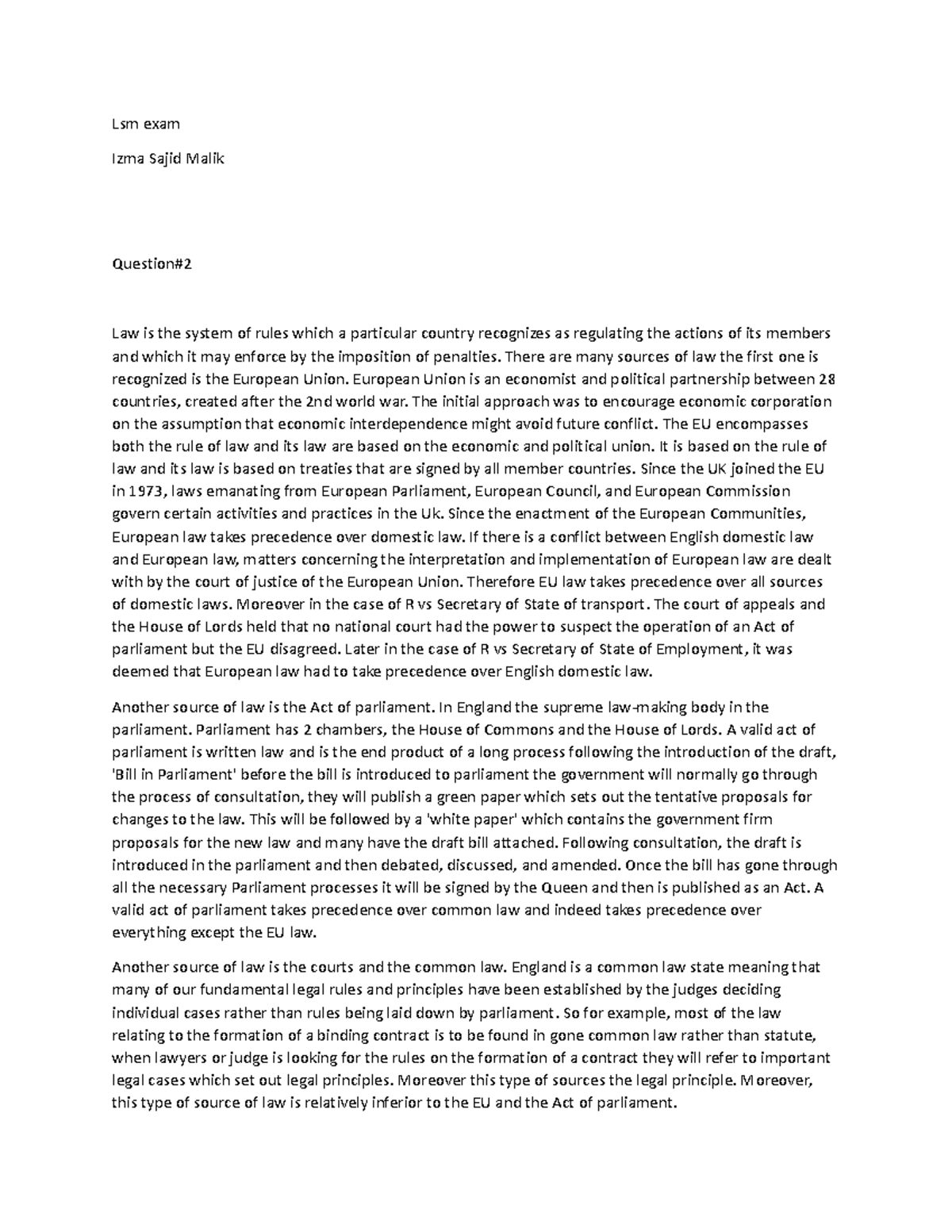 Lsm examizma - practice answer - Lsm exam Izma Sajid Malik Question# Law is the system of rules ...