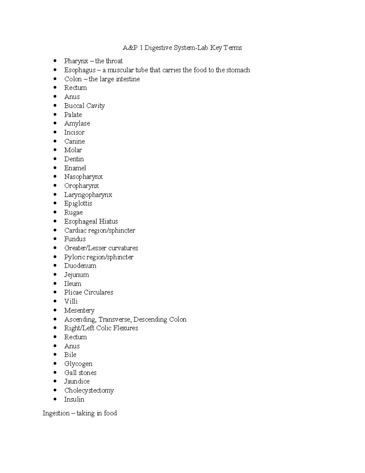 A&P 1 Lab 3 Key Terms and Definitions - A&P 1 Digestive System-Lab Key ...