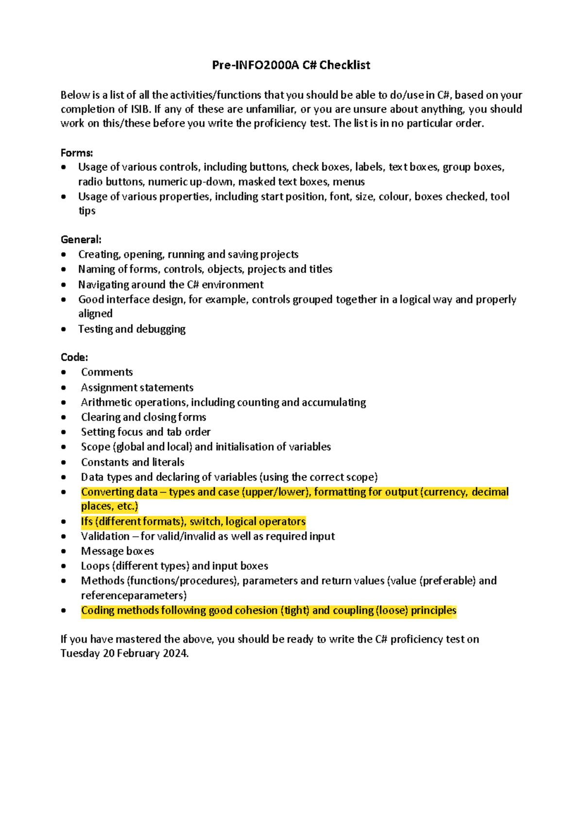 C# programming skills checklist - Pre-INFO2000A C# Checklist Below is a ...