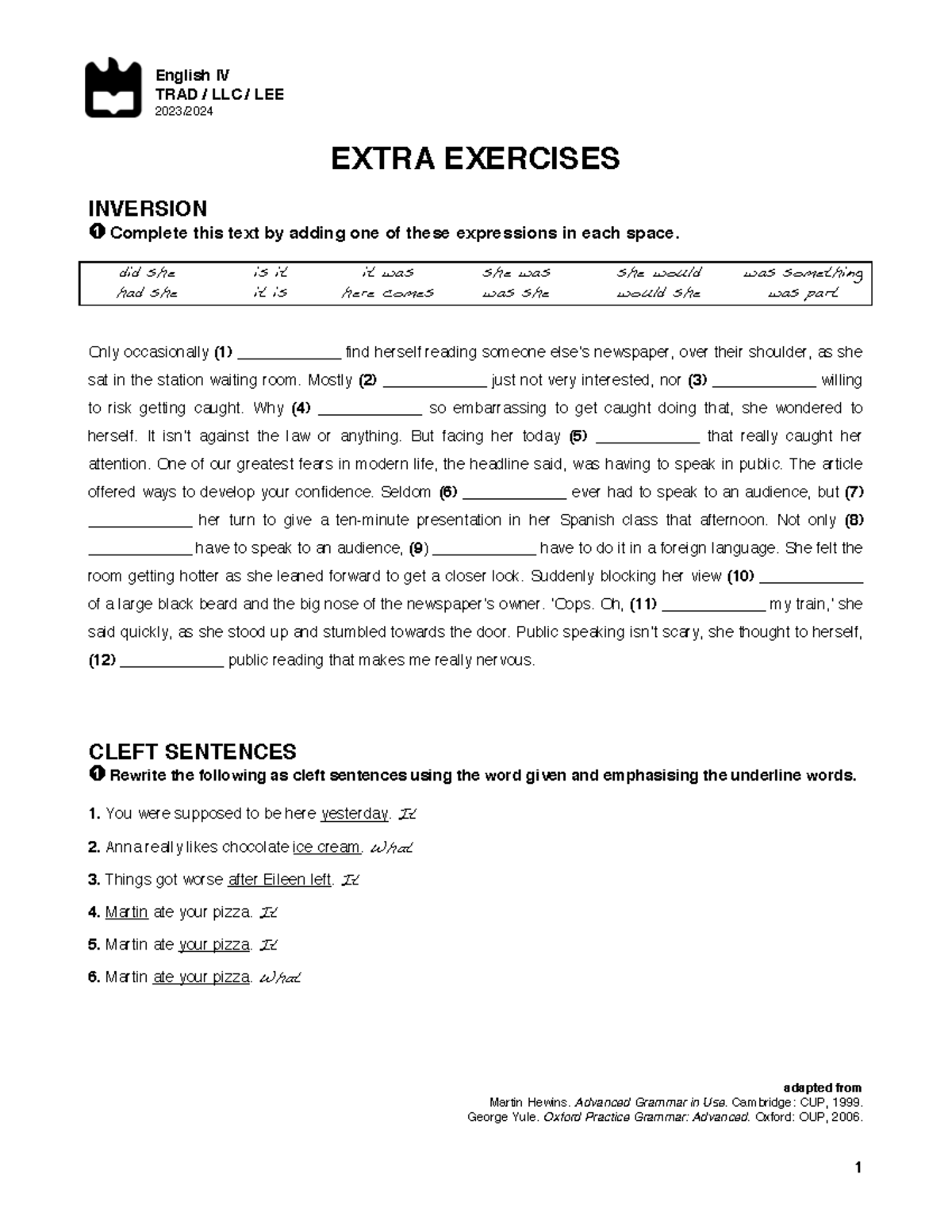 25 extra exercises with inversion and cleft sentences - 1 English IV ...