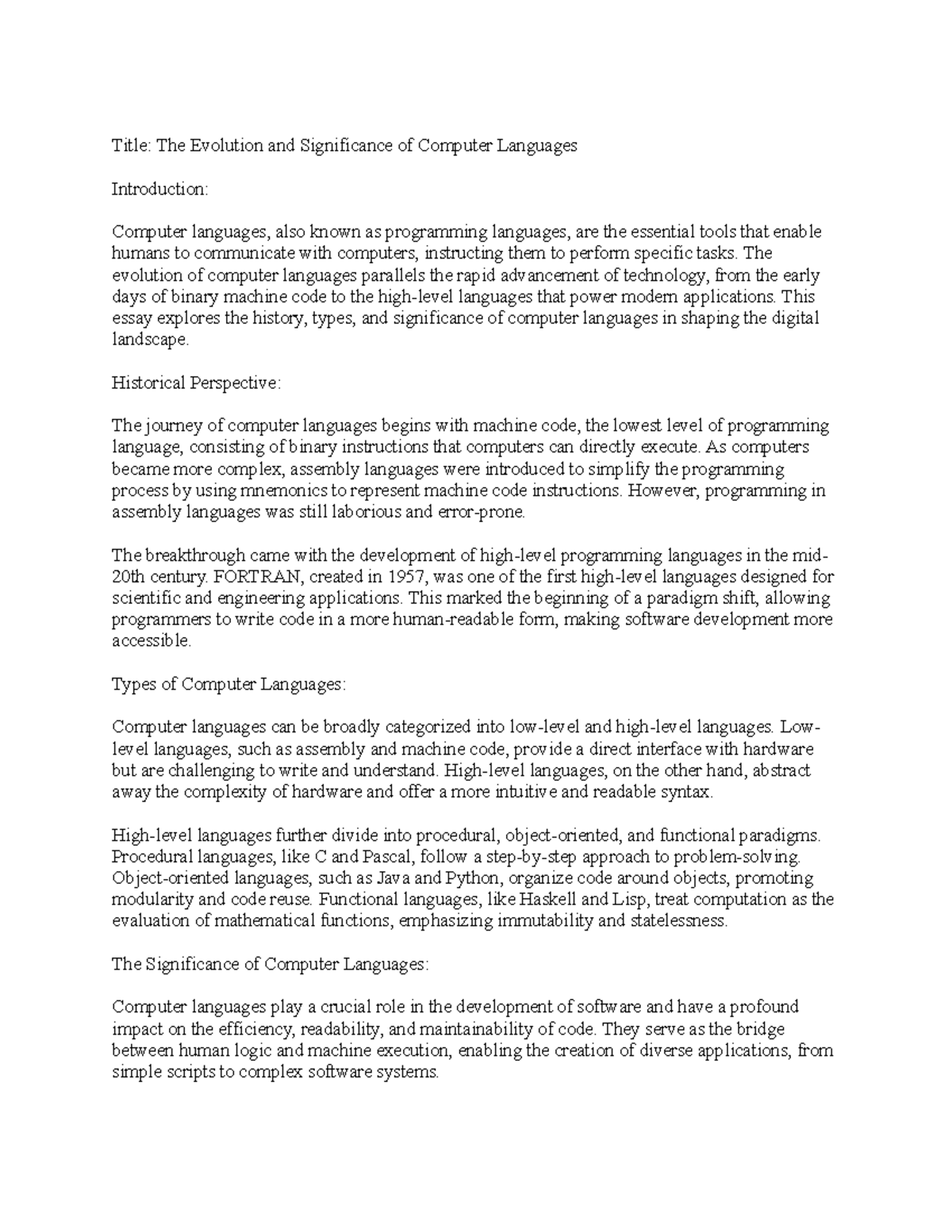 Evolution of Computer languages - Title: The Evolution and Significance ...