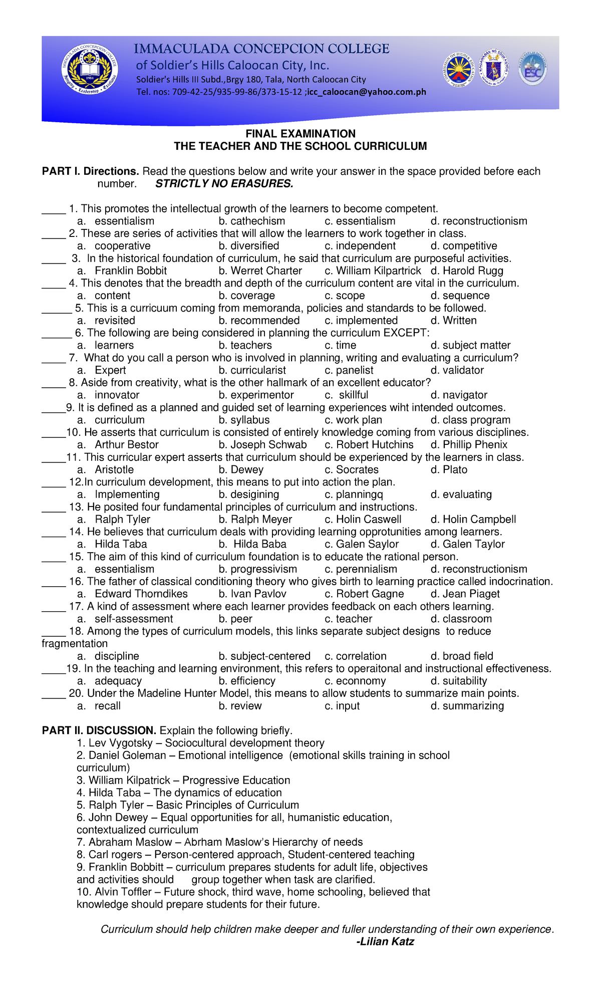 The Teacher and School Curriculum Final EXAM ICC - FINAL EXAMINATION ...