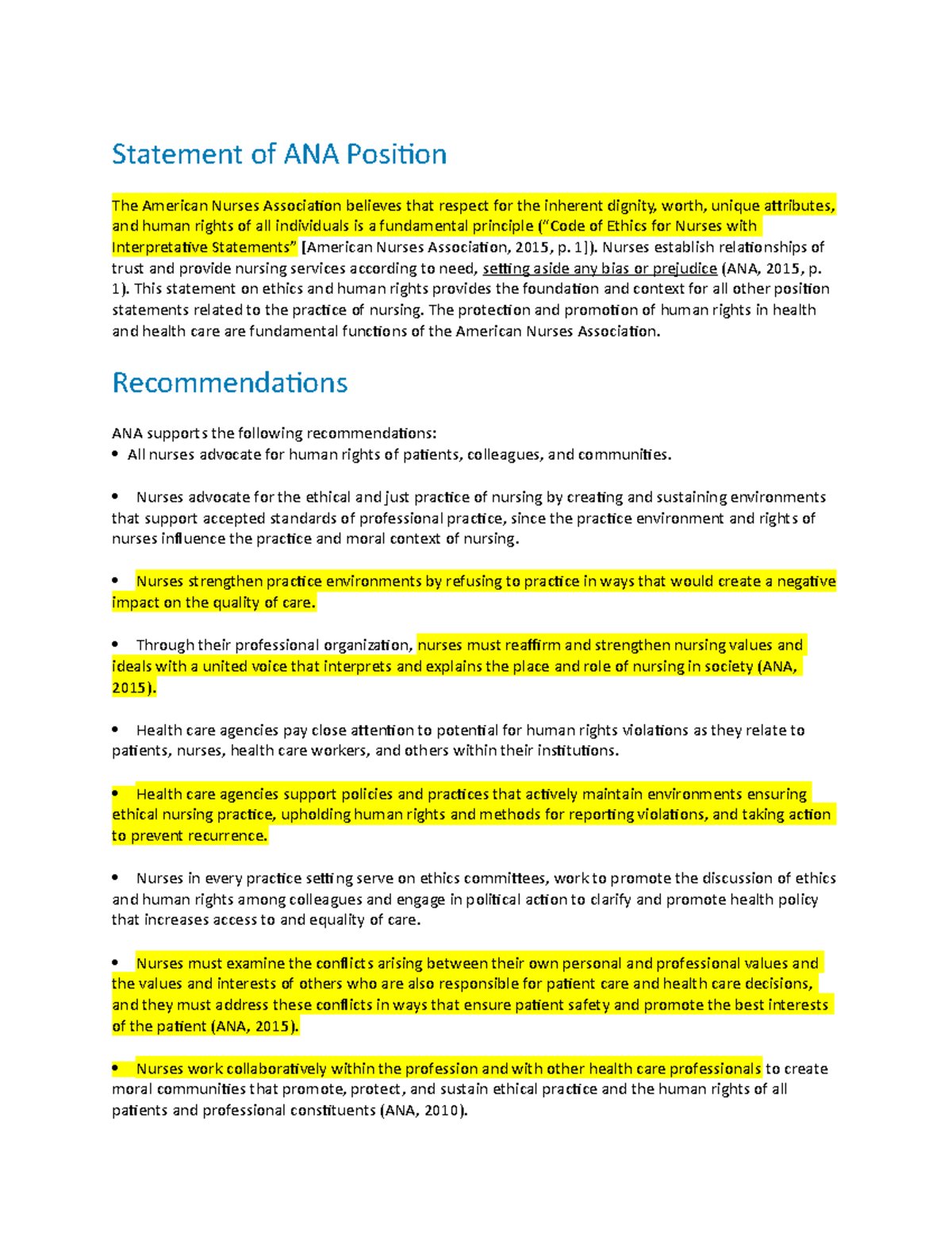 Article - Statement of ANA Position The American Nurses Association ...