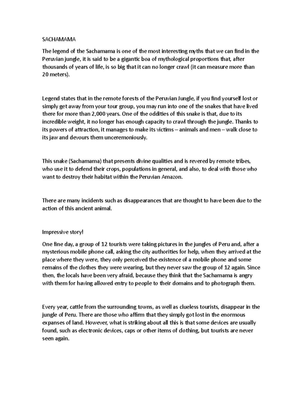 TUB - buena - SACHAMAMA The legend of the Sachamama is one of the most ...