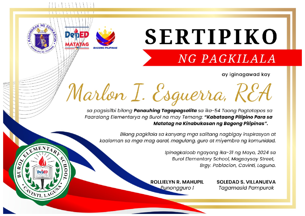 Sertipiko ng pagkilala - G NG DepED SERTIPIKO MATATAG PILIPINAS BAGONG ...