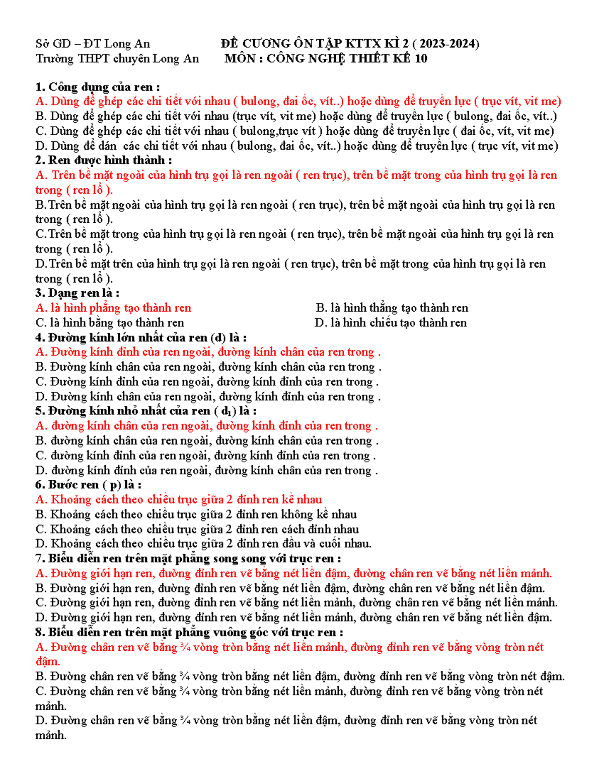 KTTX CN 10 HK2 ( 23-24) - fdfsd - Sở GD – ĐT Long An ĐỀ CƯƠNG ÔN TẬP ...