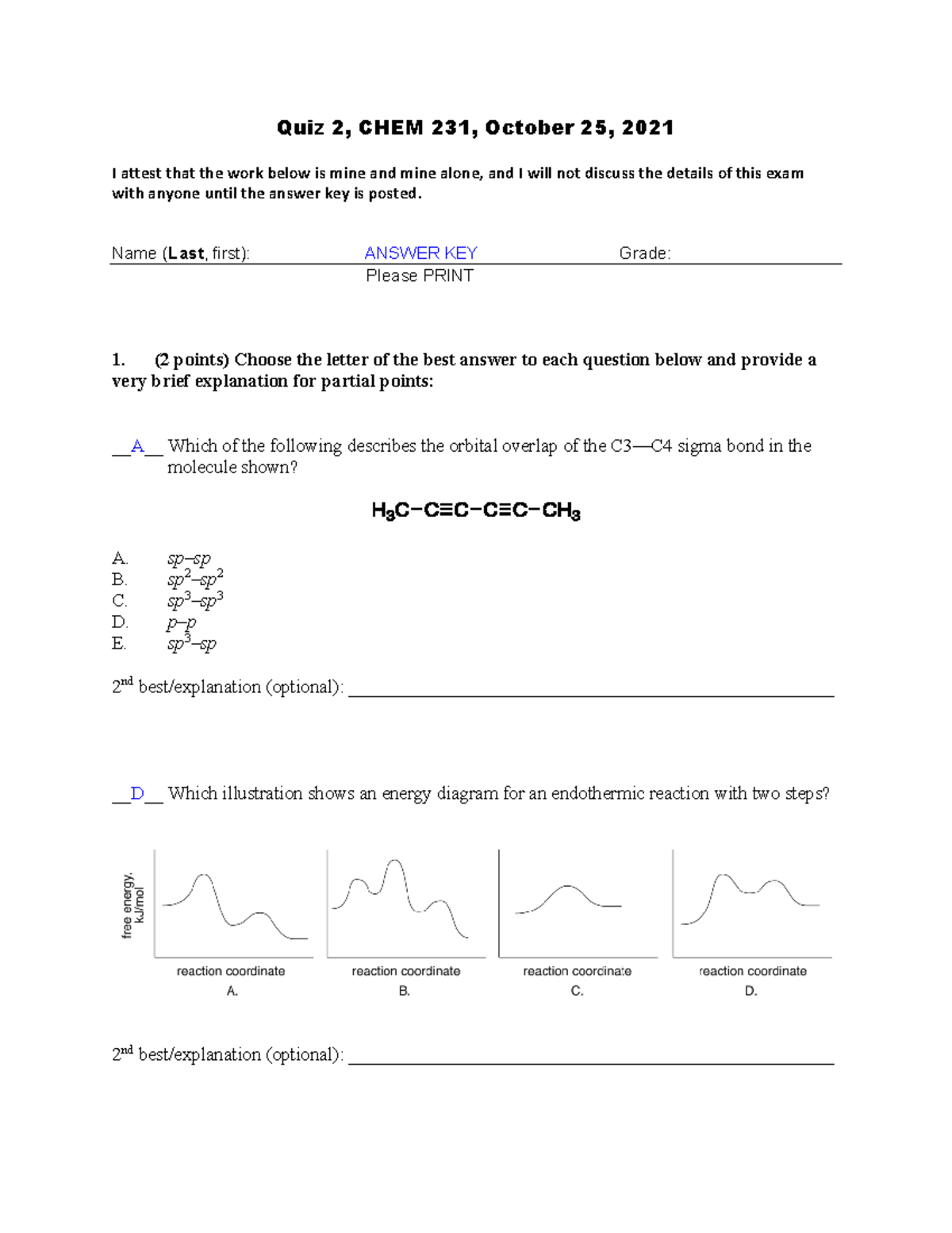 Quiz 2 2021 10 25 key - Organic chemistry that was taught by Dr. Wei ...