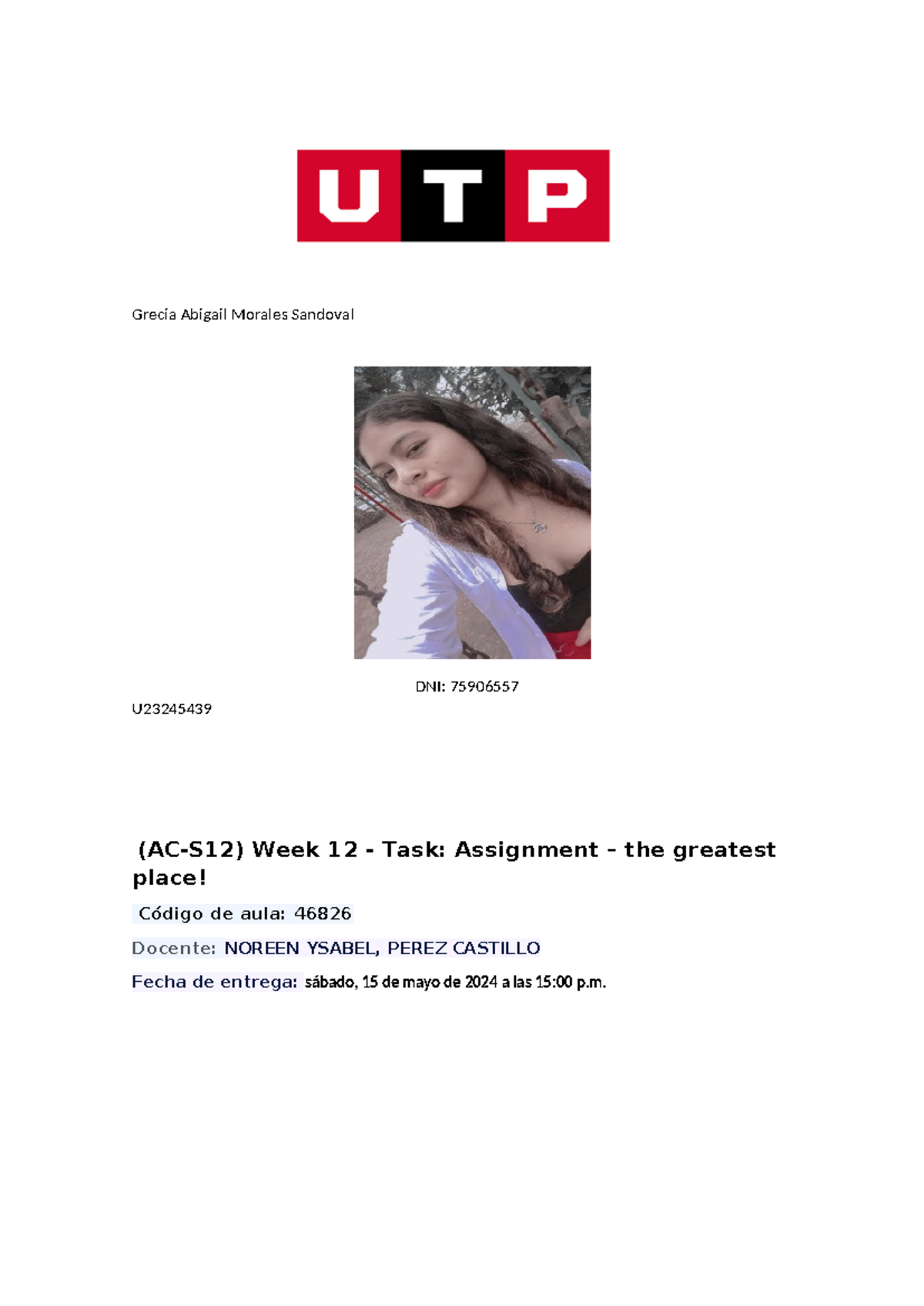 Ingles 12 - ingles, tarea - Grecia Abigail Morales Sandoval DNI: 75906557 U (AC-S12) Week 12 ...