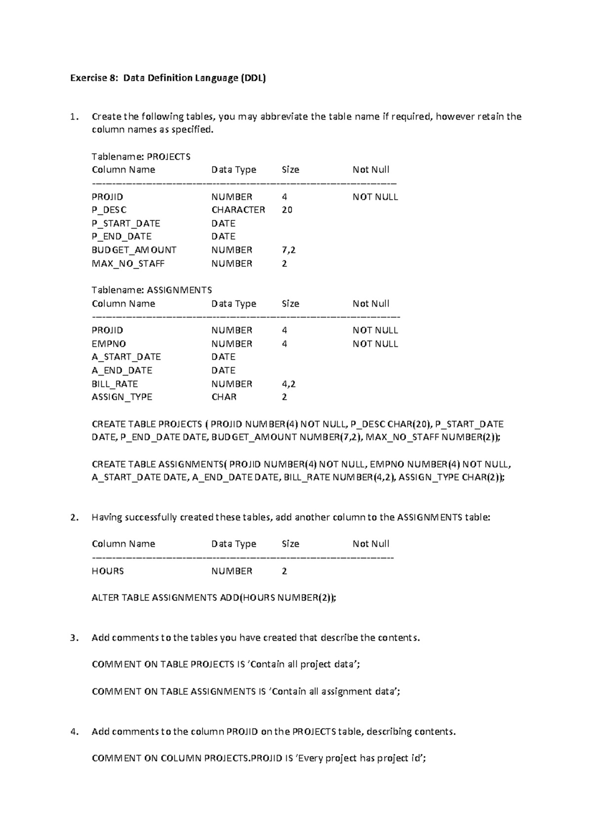 Exercise 8 Ddl Exercise 8 Data Definition Language Ddl Create The