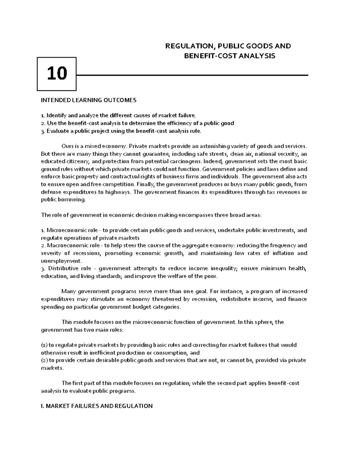Chapter 10 - Lecture notes 1-2 - REGULATION, PUBLIC GOODS AND BENEFIT ...