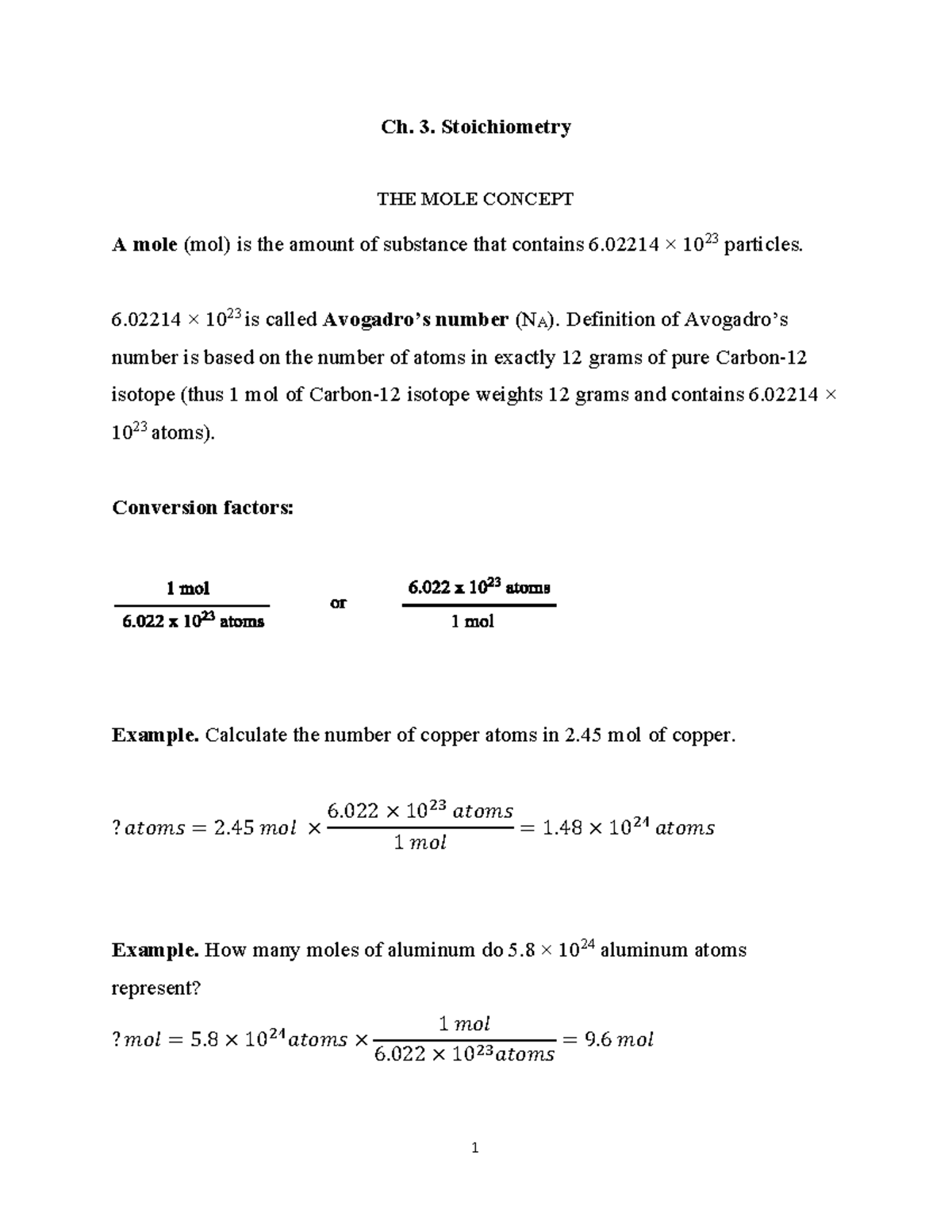 Ch. 3 Notes - Chapter 3 Gilbert - Ch. 3. Stoichiometry THE MOLE CONCEPT ...