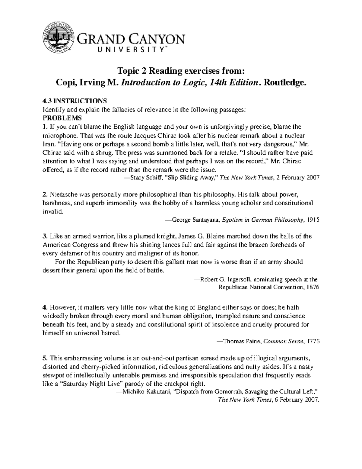 COM362 T2 Reading Exercises - Topic 2 Reading exercises from: Copi, Irving M. Introduction to ...