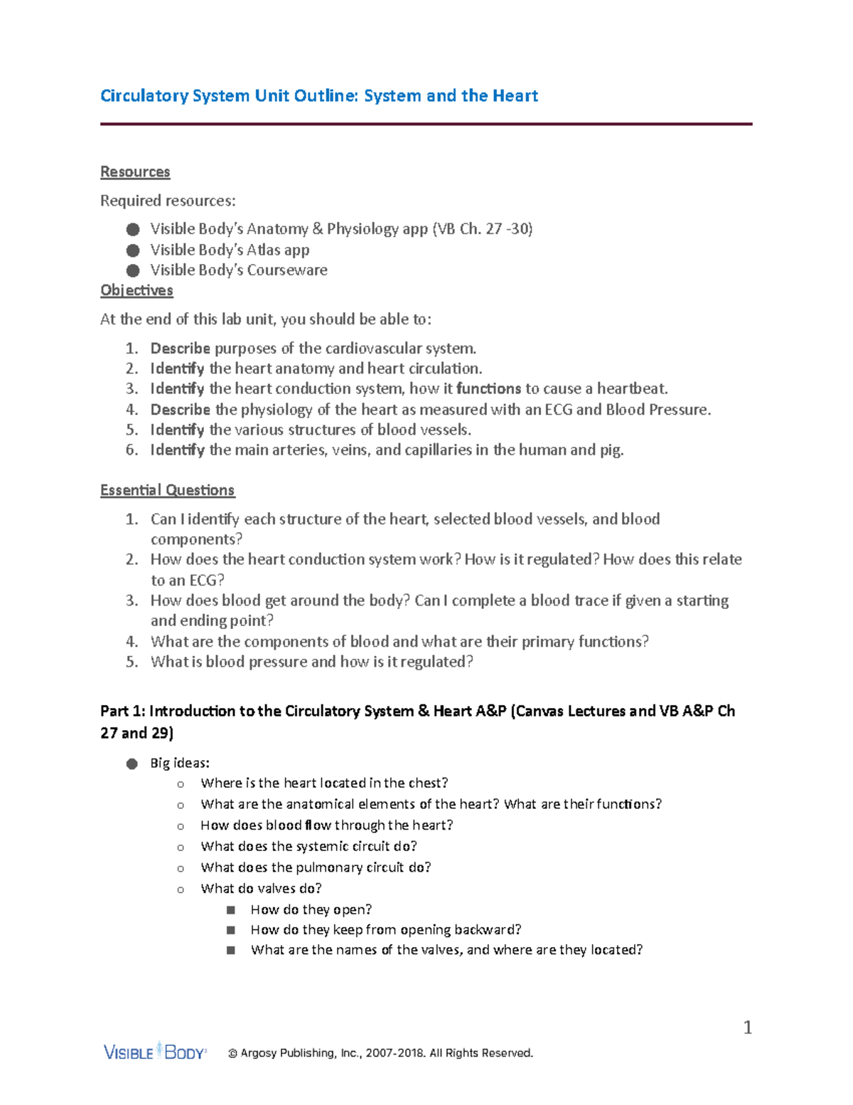 Circulatory System Guided Outline Notes - Circulatory System Unit ...