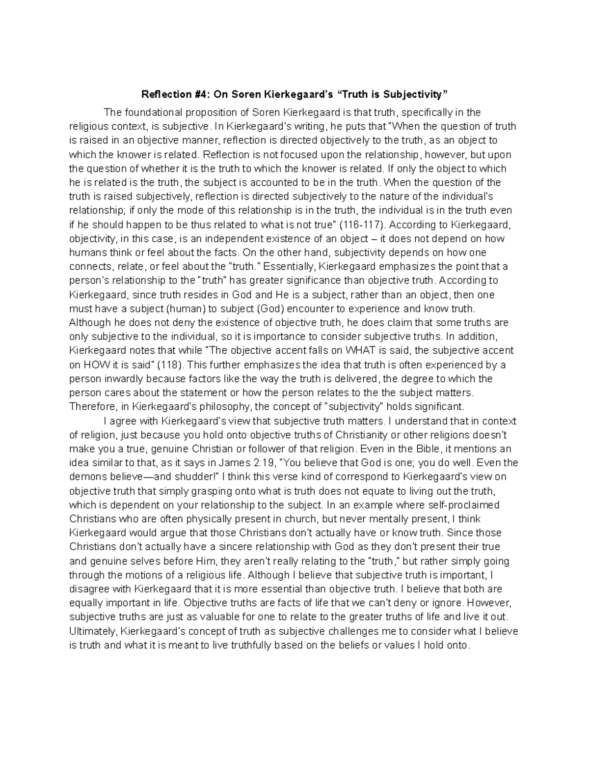 Philosophy of Religion – Reflection #4 - Reflection #4: On Soren ...