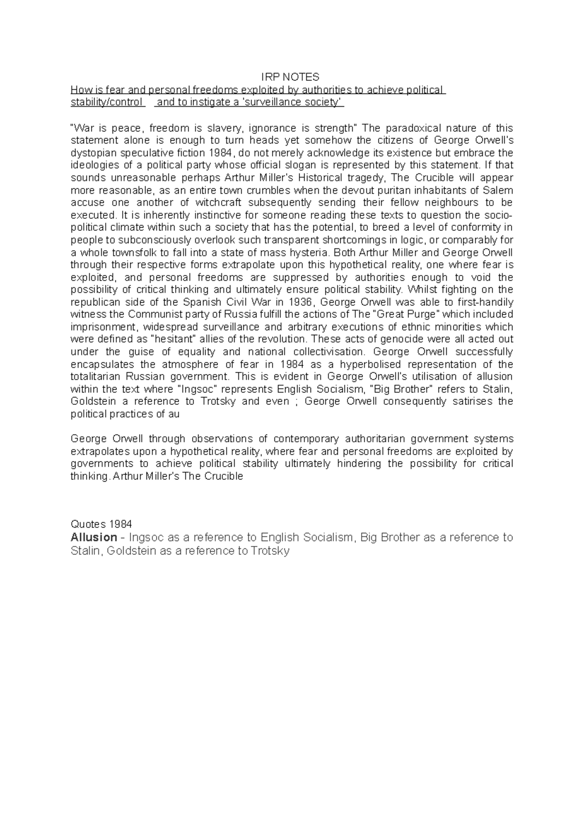 IRP Notes - 1984 hedonism, freedom, control - IRP NOTES How is fear and ...