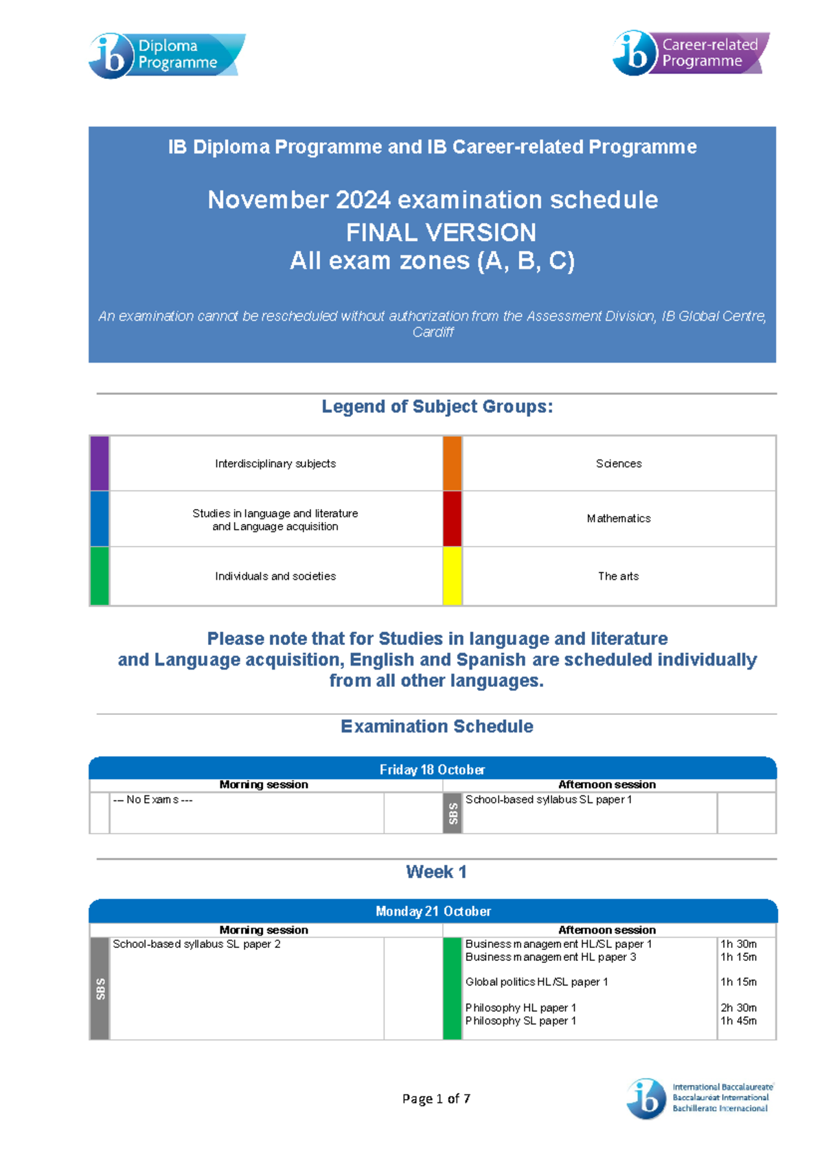 November 2024 examination schedule - IB Diploma Programme and IB Career ...