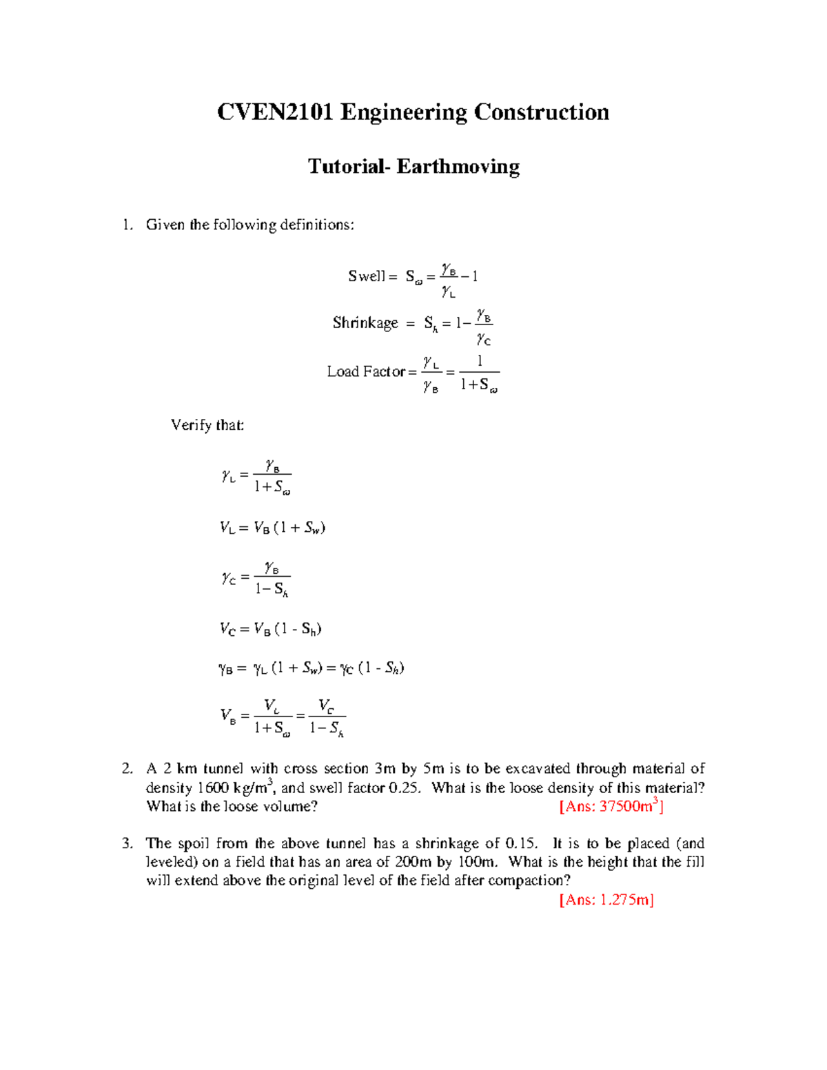 Tutorial work - 3 - week 3 earthmoving tutorial with solutions + 3b ...