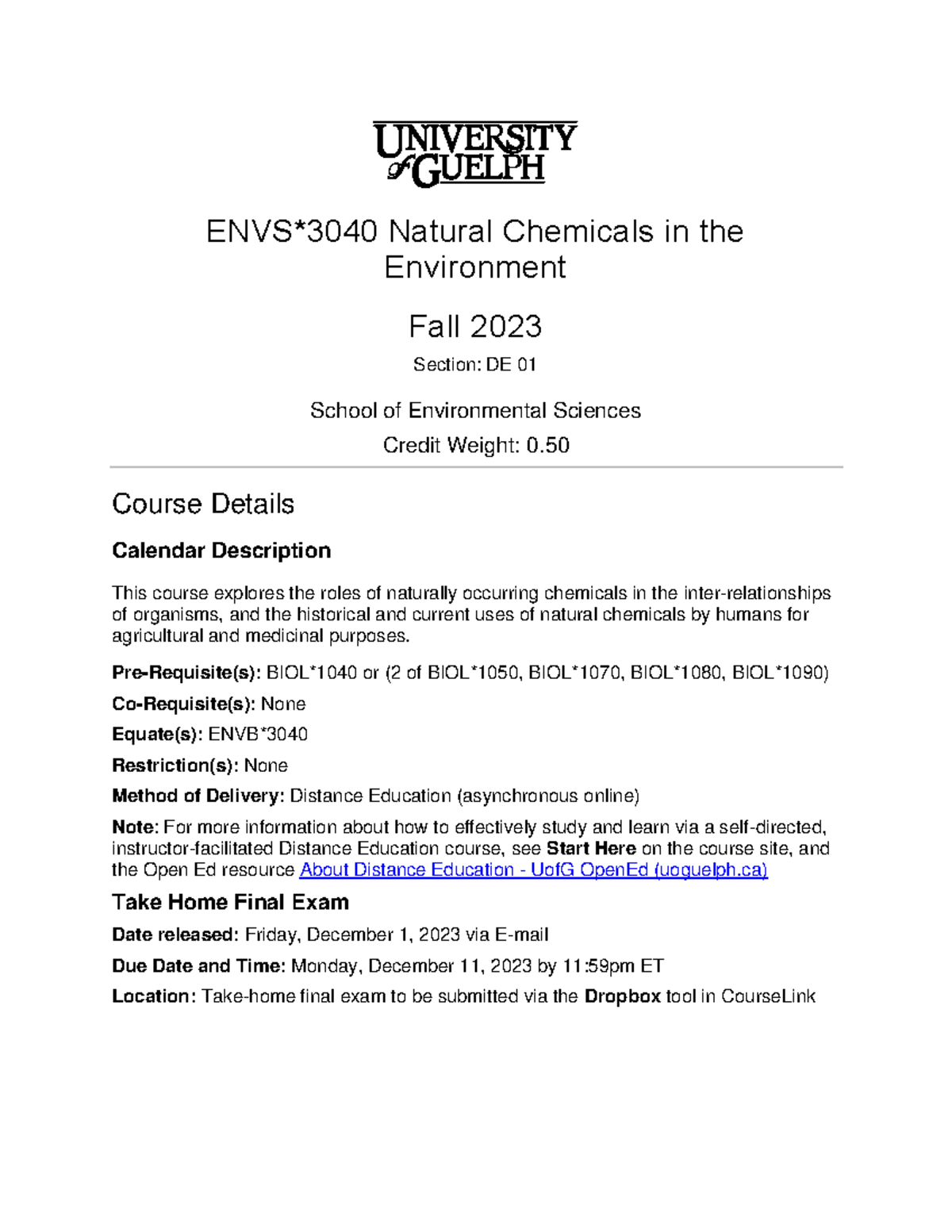 Outline ENVS3040 DE01 F23 final-2 - ENVS*3040 Natural Chemicals in the ...