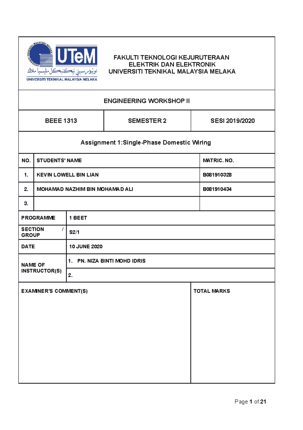 BEEE1313 Assignment 1( Kevin Nazhim) - ENGINEERING WORKSHOP II BEEE ...