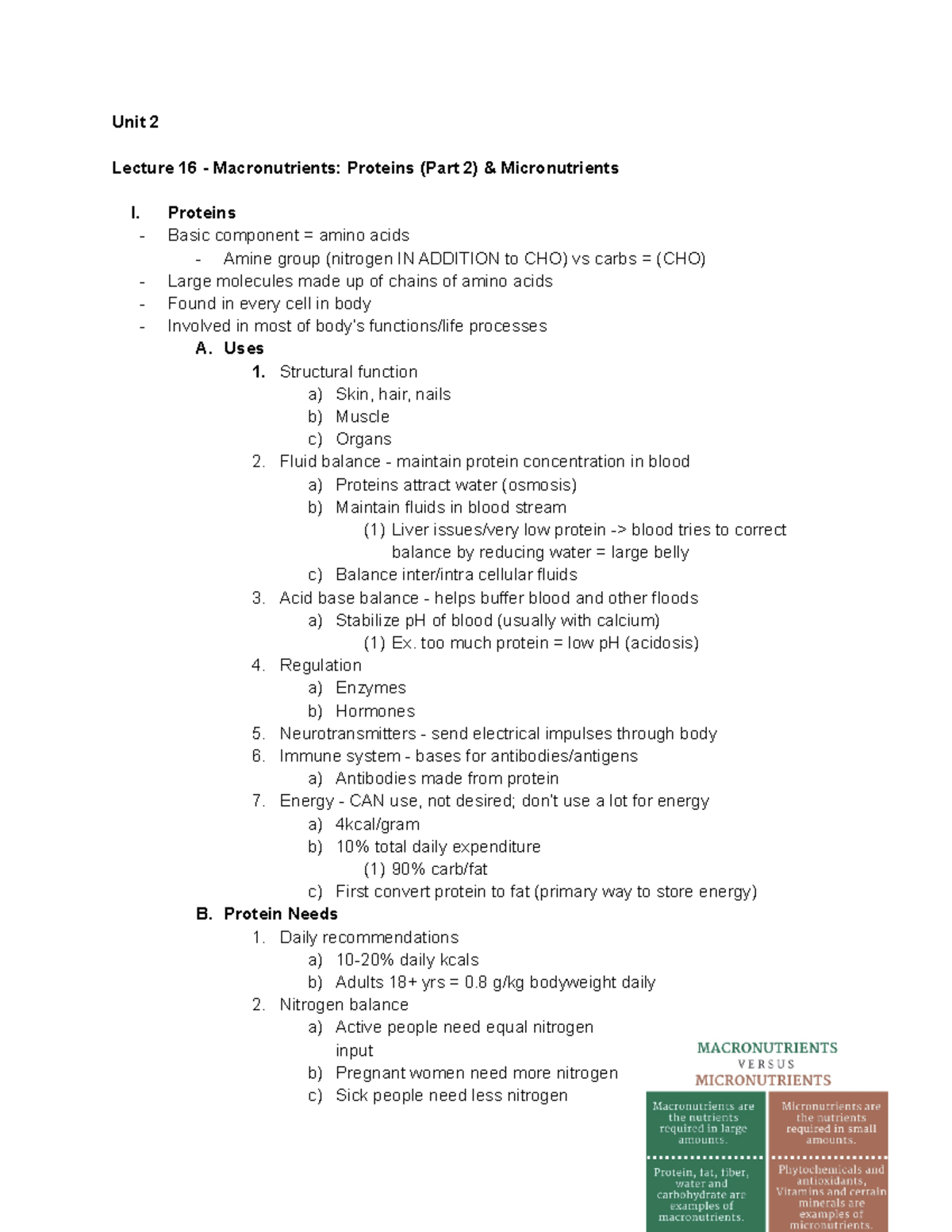 Kines 100 Lecture 17 Notes 3 24 - Unit 2 Lecture 16 - Macronutrients ...