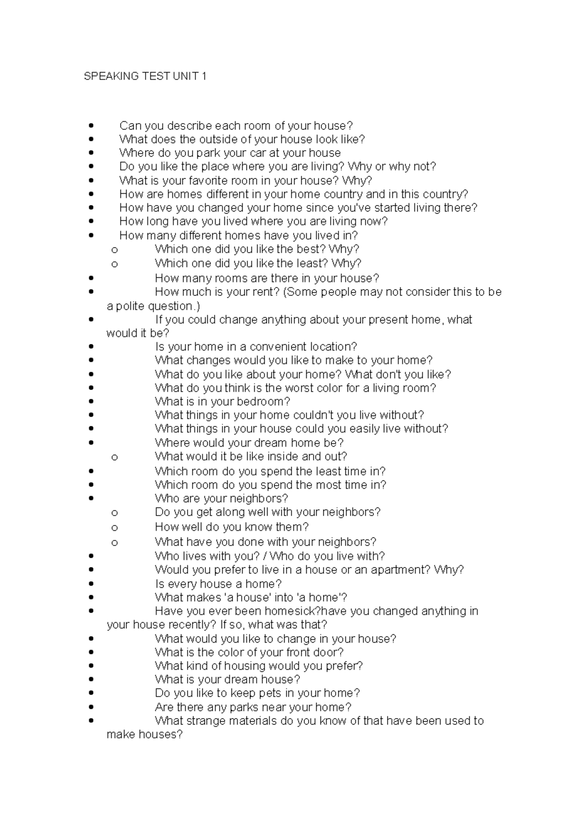 Speaking TEST UNIT 1 - english exam - SPEAKING TEST UNIT 1 Can you ...