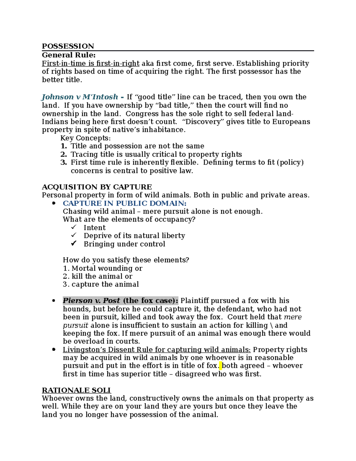Property Outline - POSSESSION General Rule: First-in-time is first-in ...
