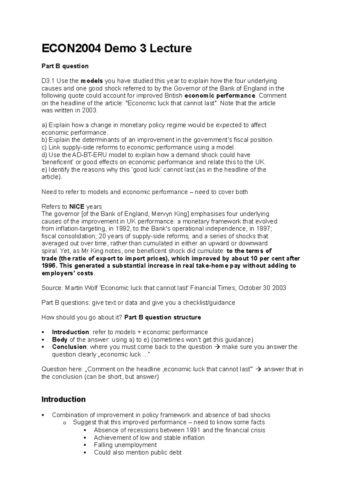 ECON2004 Term 2 Demo 3 - ECON2004 Demo 3 Lecture Part B question D3 Use the models you have ...