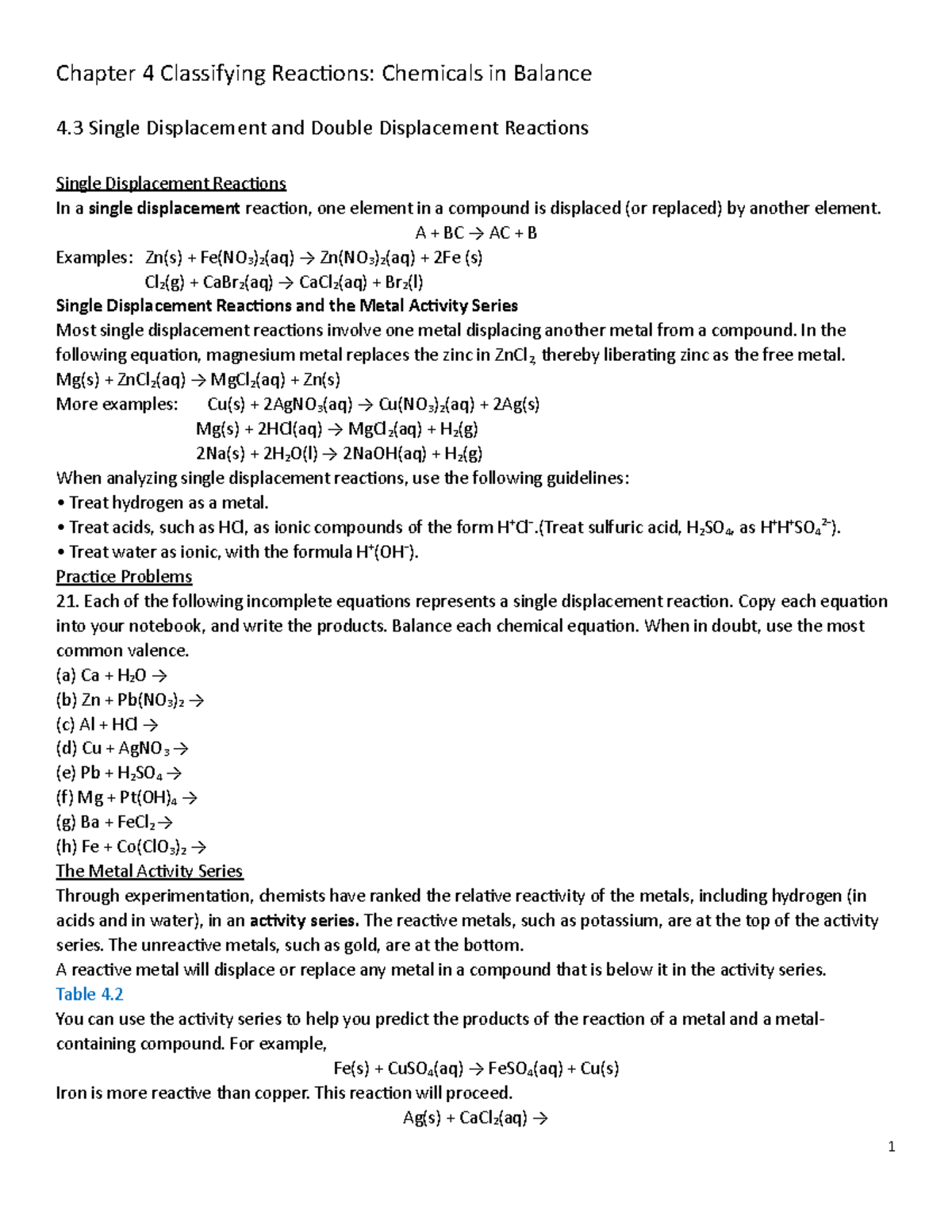 SCH3U Ch4 - chapter notes - Chapter 4 Classifying Reacions: Chemicals ...