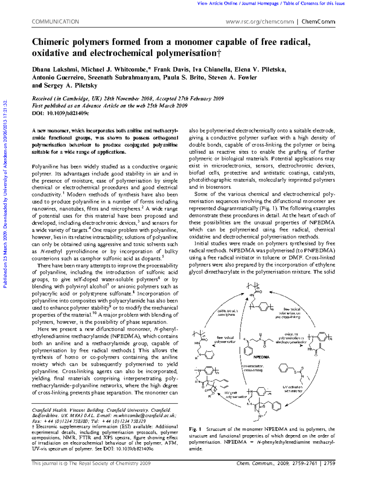 Chimeric polymers formed from a monomer - Whitcombe,* Frank Davis, Iva ...