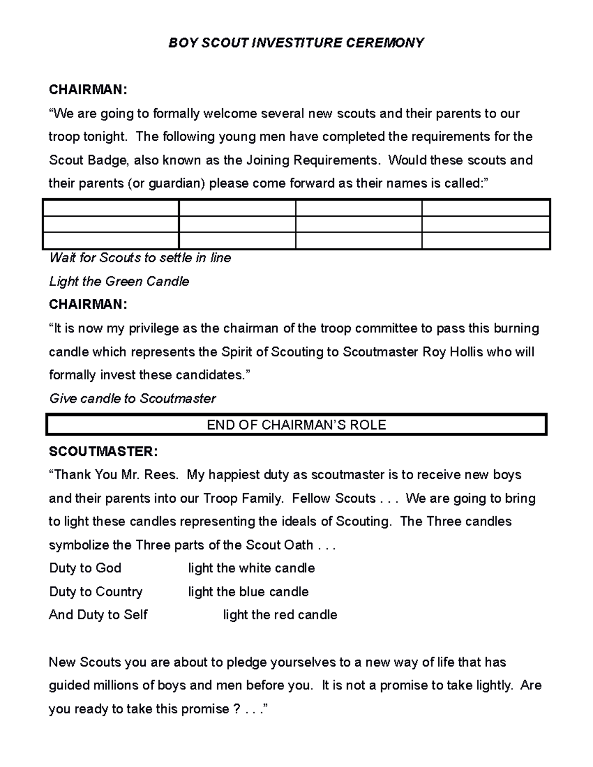 Inv Cer 118 - investiture - BOY SCOUT INVESTITURE CEREMONY CHAIRMAN ...