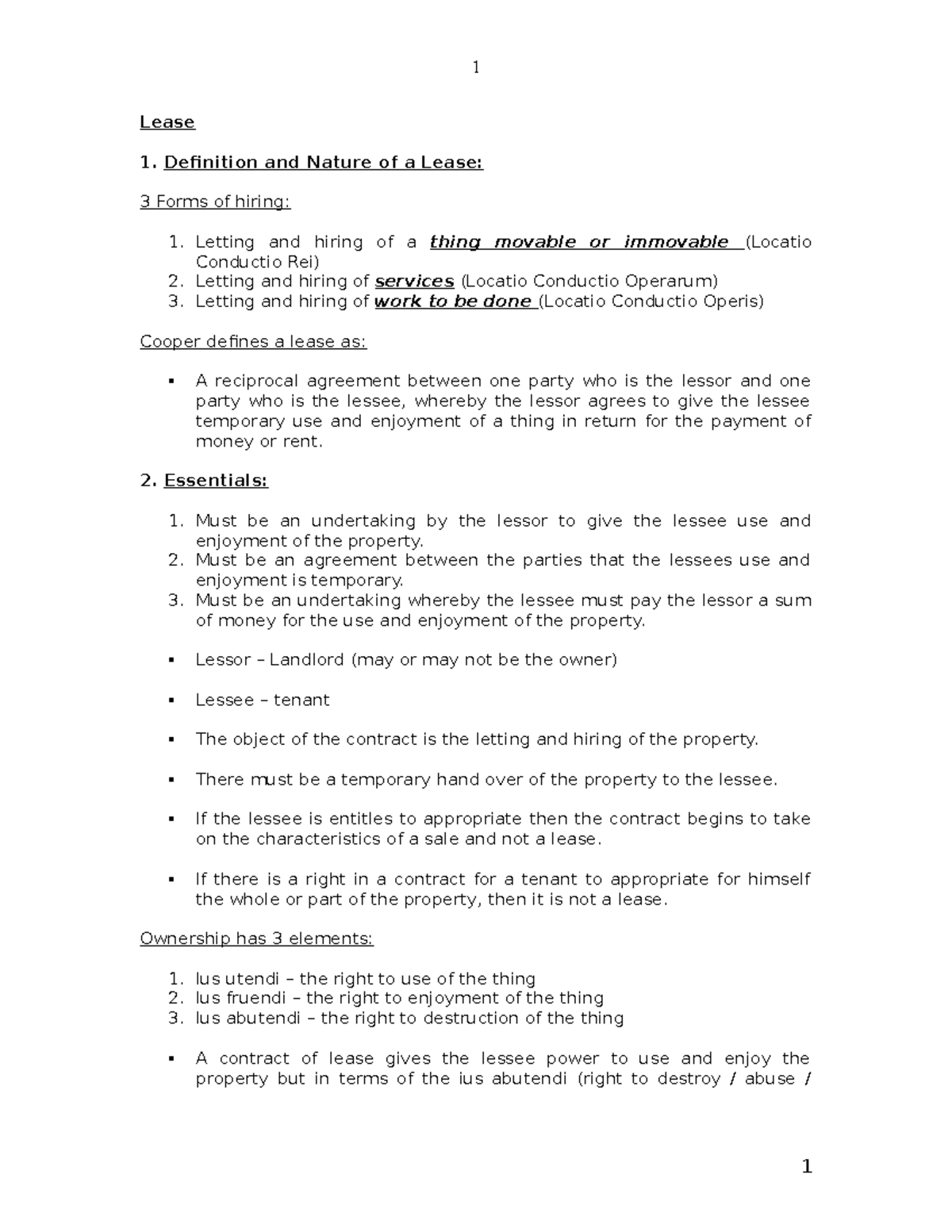 Lease - Final - Lecture notes 1-5 - Lease 1. Definition and Nature of a ...