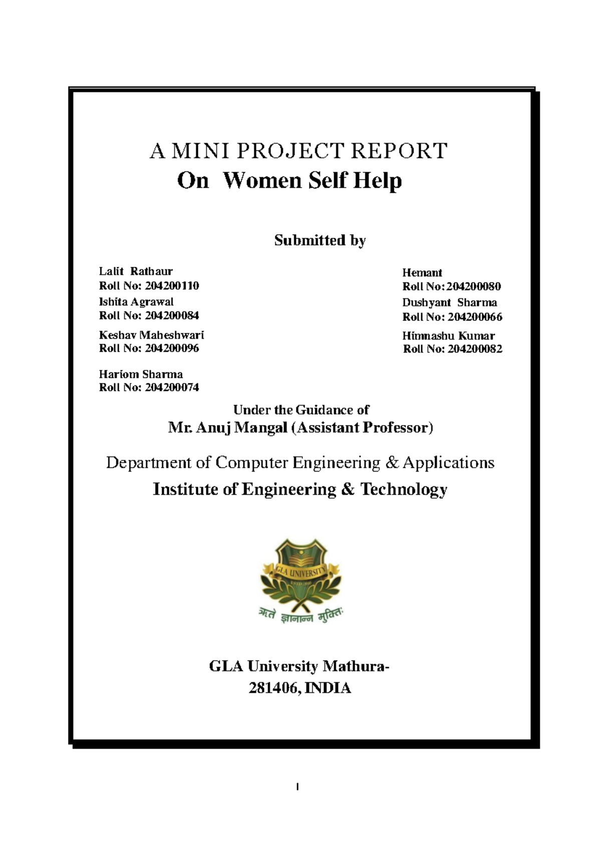 Women Self Help Report Card - A MINI PROJECT REPORT On Women Self Help ...