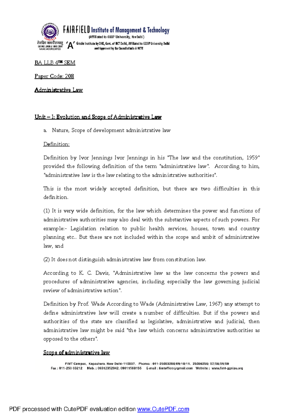 Admin Law 4th - BBBBA LLB 4A LLB 4A LLB 4A LLB 4THTHTHTH SEMSEMSEMSEM Paper Code: 208Paper Code ...