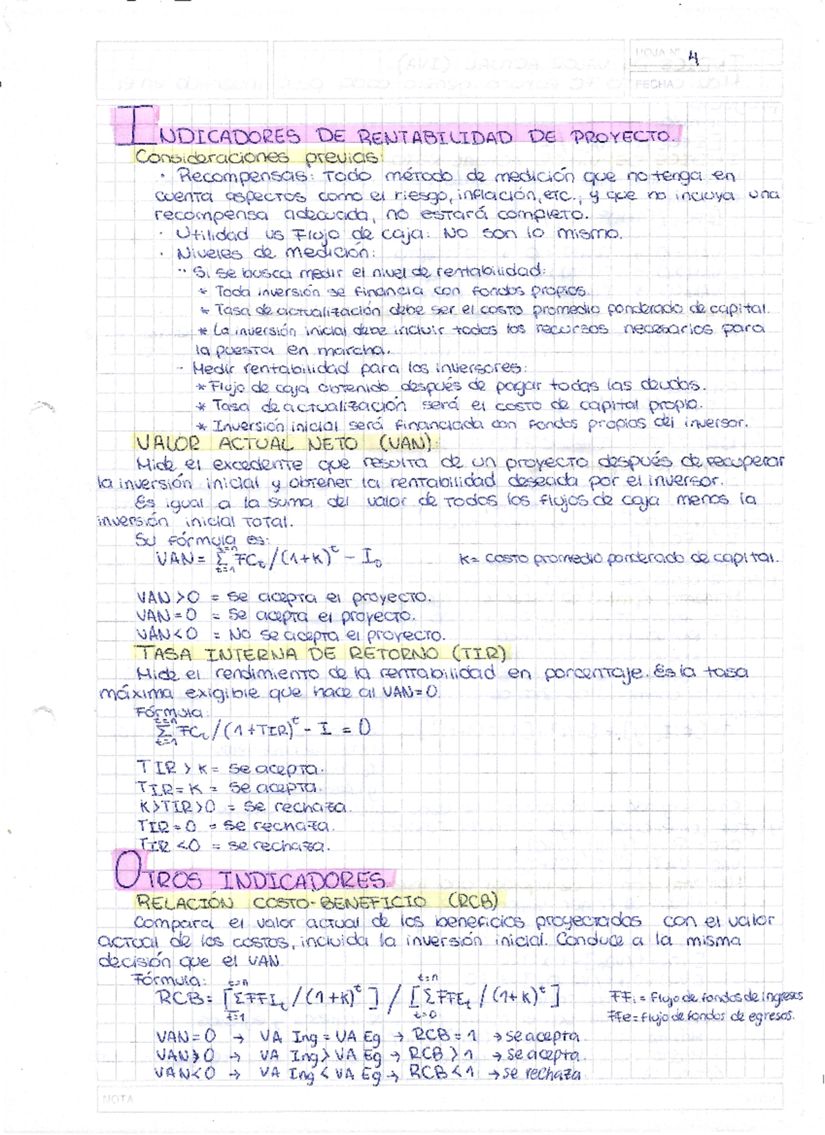 Formulación y Evaluación de Proyectos Resumen 2DO Parcial - HOJA 4 FECHA INDICADORES DE ...