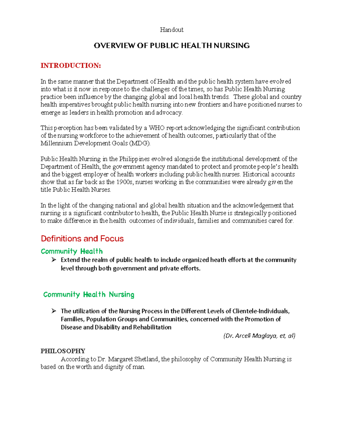 CHN - Handout - lmwcomoecw - Handout OVERVIEW OF PUBLIC HEALTH NURSING ...