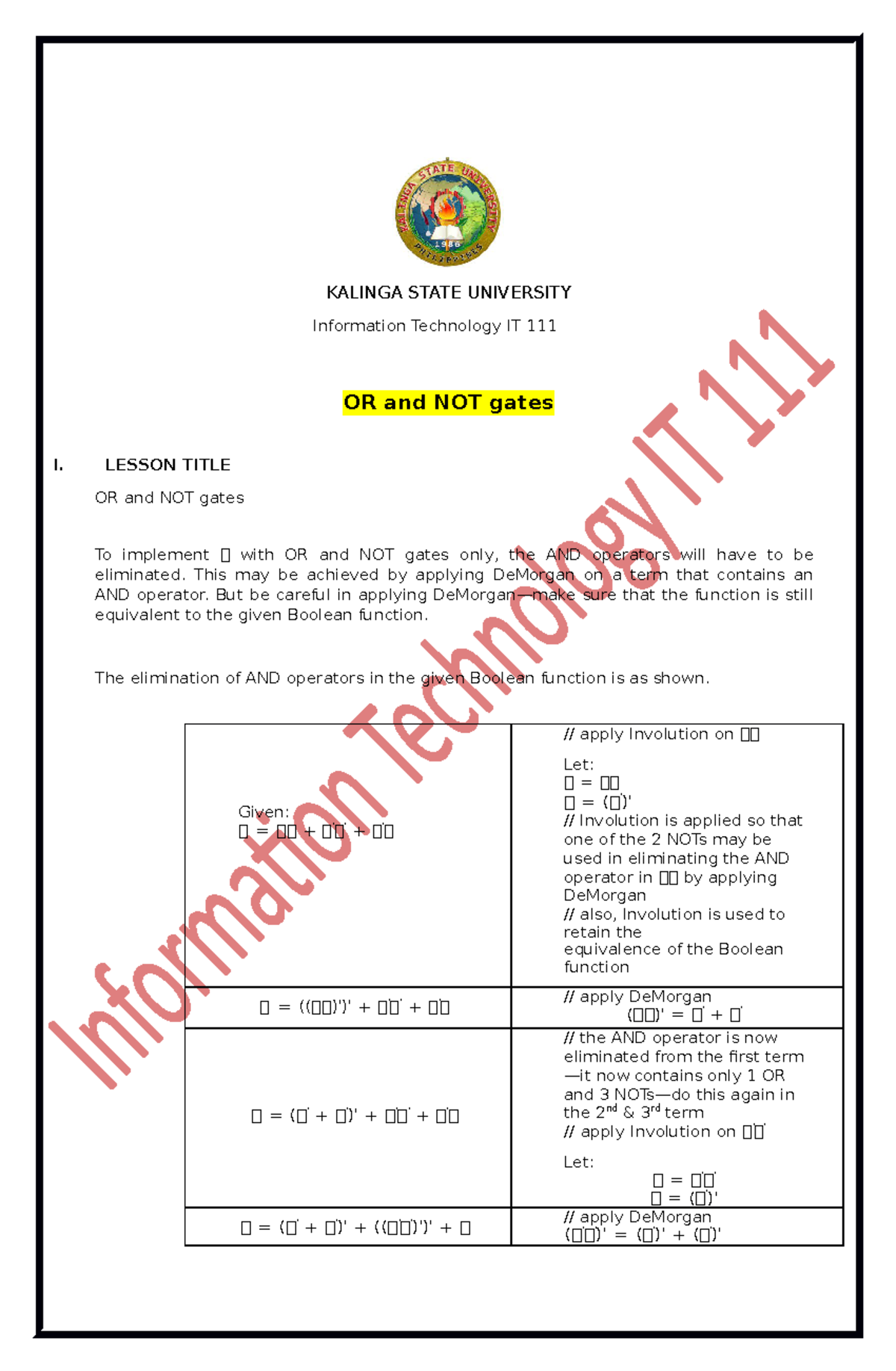 OR and NOT gates - KALINGA STATE UNIVERSITY Information Technology IT ...