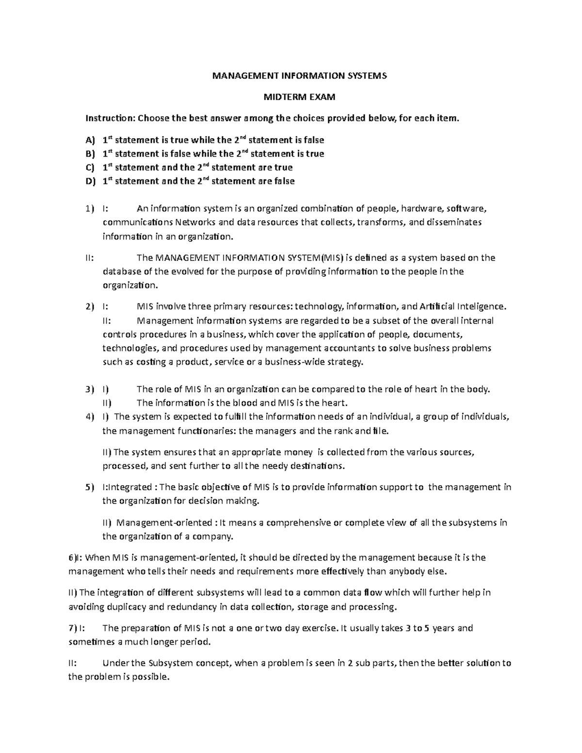 MIS-QA- Midterms - Hope might help - MANAGEMENT INFORMATION SYSTEMS ...