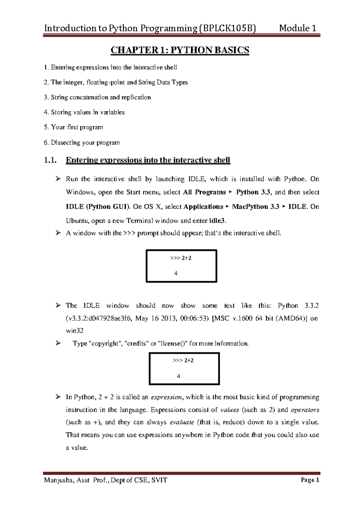Module 1 Python Introduction To Python Programming Bplck105b Module