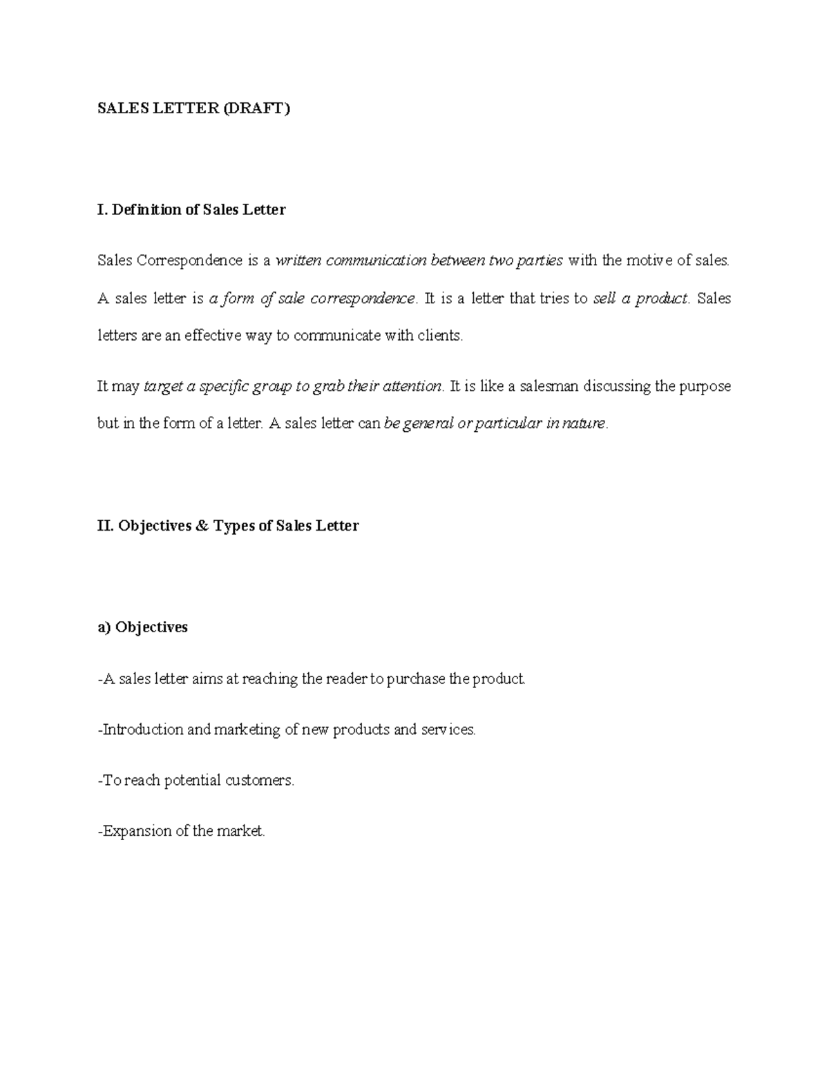 Sales Letter 094542 - SALES LETTER (DRAFT) I. Definition of Sales ...
