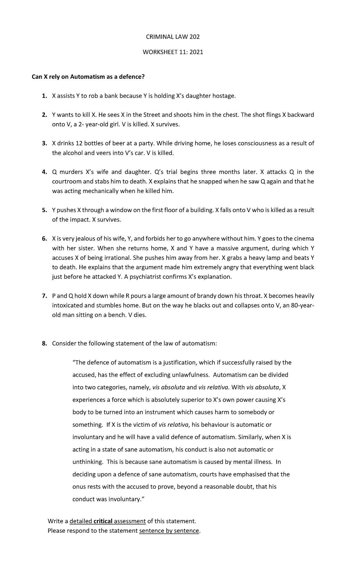 Worksheet 11 Automatism - CRIMINAL LAW 202 WORKSHEET 11: 2021 Can X ...