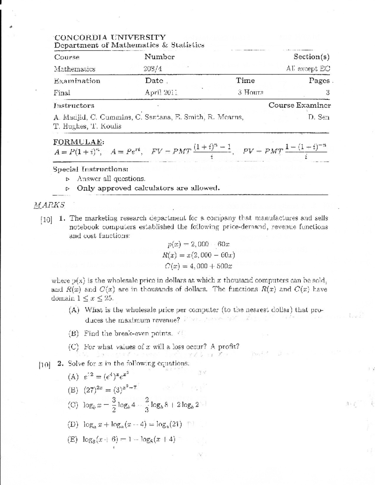 M208 April 2011 Final - MATH 208 - Studocu