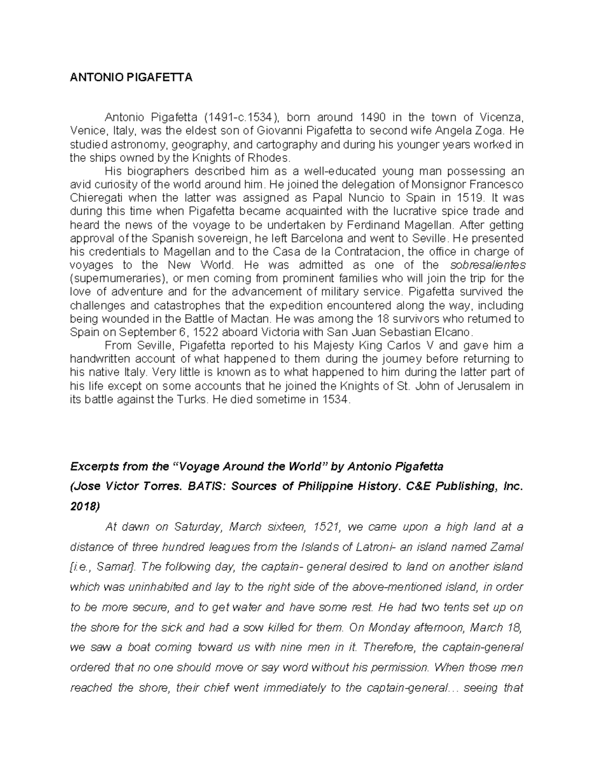 Excerpts from the first Voyage of Pigaffeta - ANTONIO PIGAFETTA Antonio ...